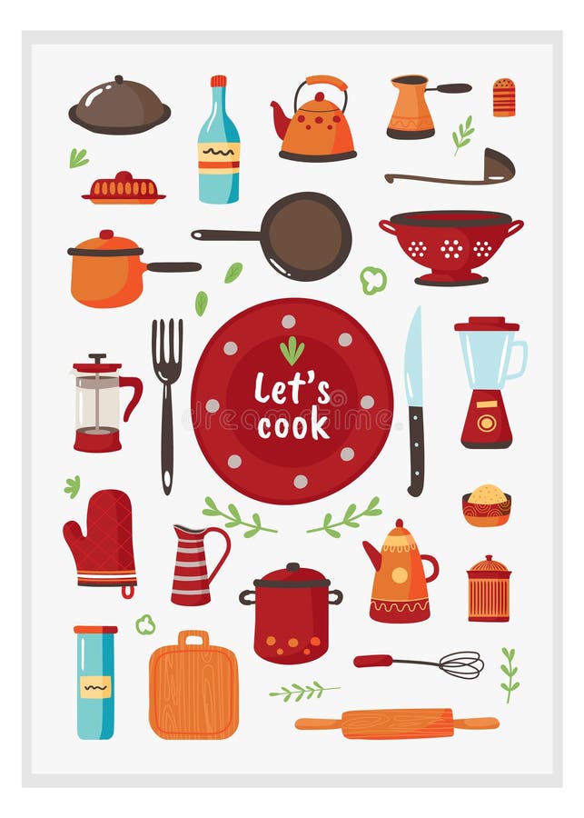 Lets Cook Poster with Kitchen Dishware and Tools Stock Vector ...