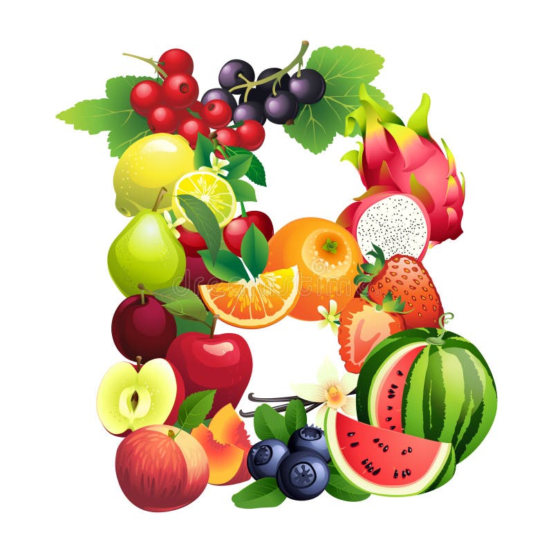 Letter B Composed of Different Fruits with Leaves Stock Vector ...
