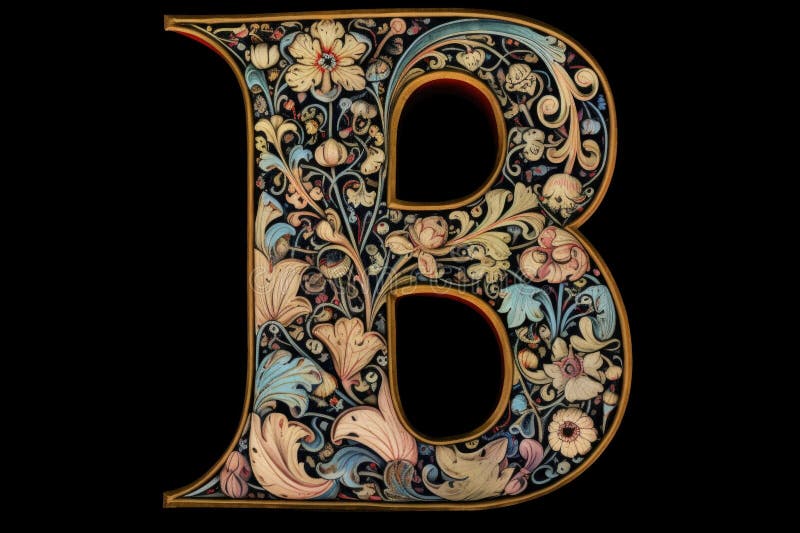 Letter B, Medieval Manuscript Style, on Black Background Stock ...