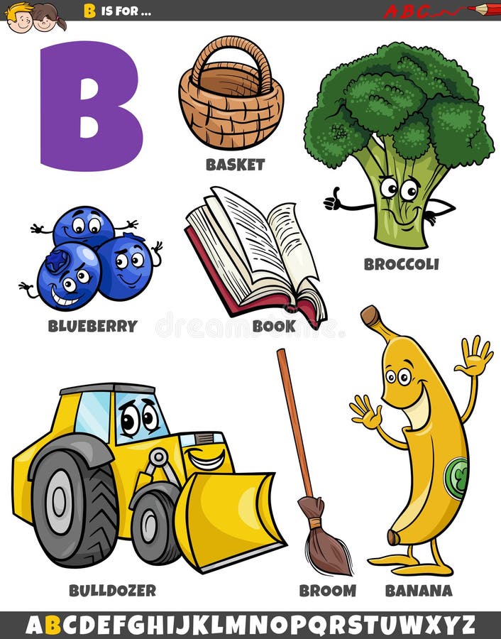 Letter B Set with Cartoon Objects and Characters Stock Vector ...