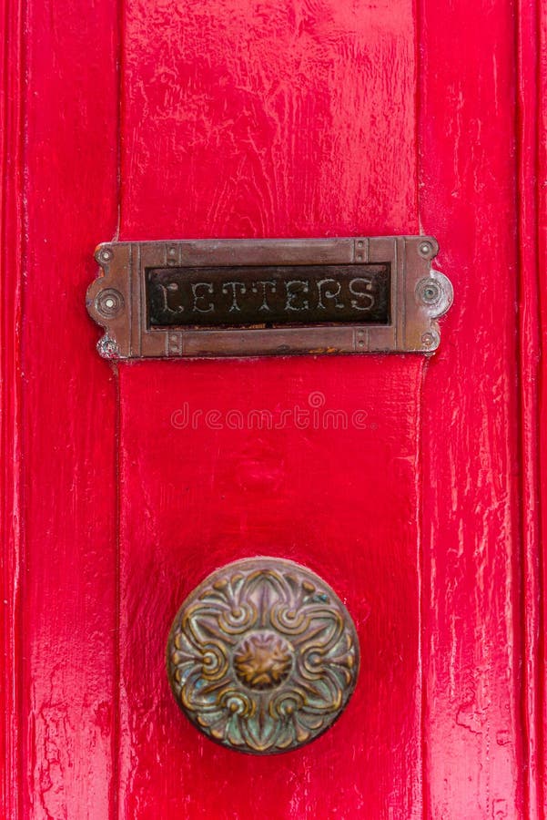 Letter Box on the Red Door with an Ancient Handle Stock Photo - Image ...