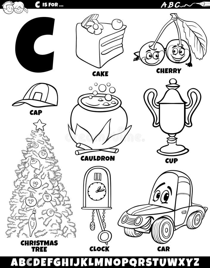 Letter C Set with Cartoon Objects and Characters Coloring Page Stock ...