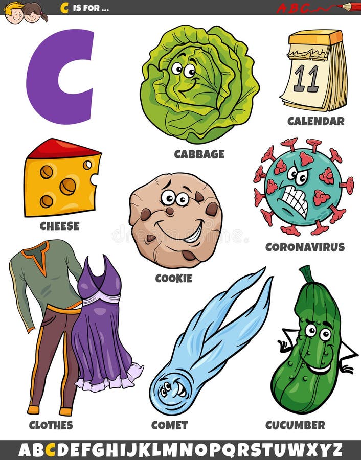 Letter C Set with Cartoon Objects and Characters Stock Vector ...