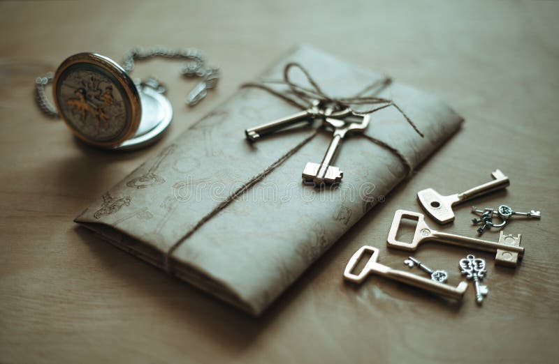Letter, clock and keys stock photo. Image of antique - 65251868