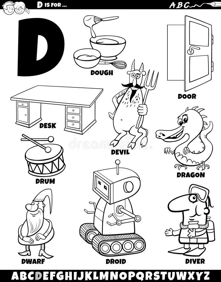 Letter D Set with Cartoon Objects and Characters Coloring Page Stock ...