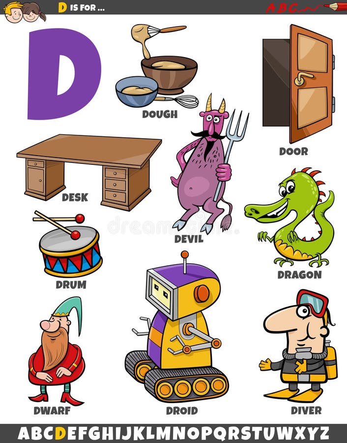 Letter D Set with Cartoon Objects and Characters Stock Vector ...