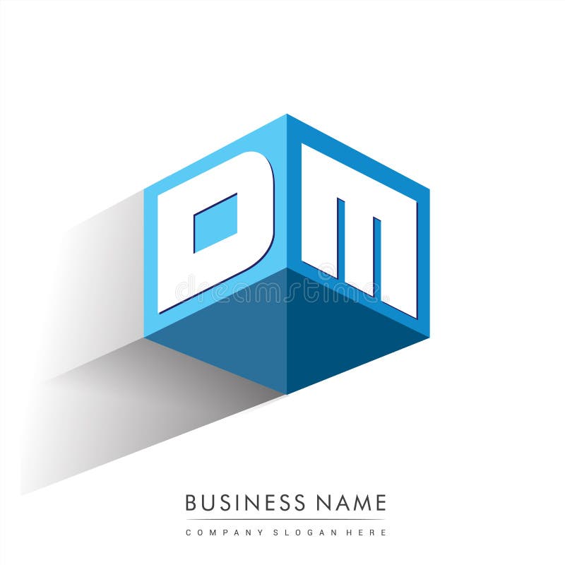 Letter DM Logo in Hexagon Shape and Blue Background, Cube Logo with ...