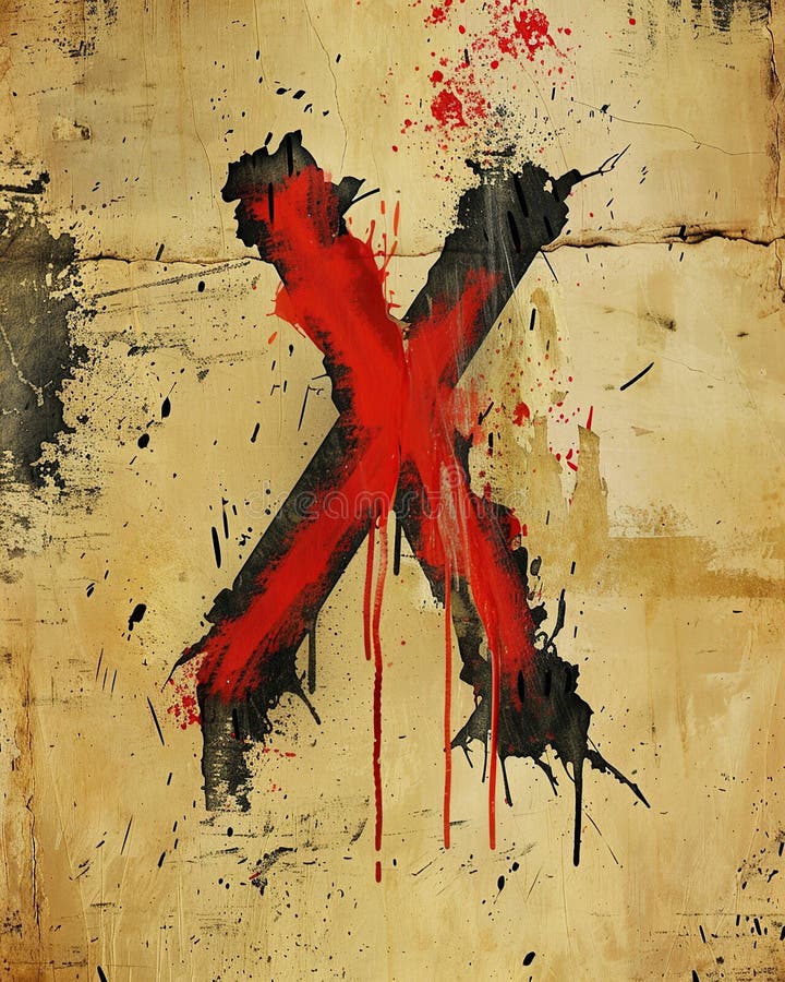 Letter X Drawing in Ink with Dripping Paint on a Grunge Scratched and ...