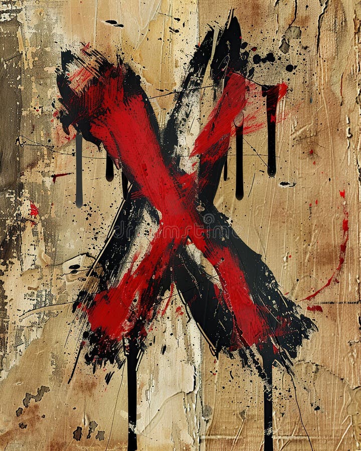 Letter X Drawing in Ink with Dripping Paint on a Grunge Scratched and ...
