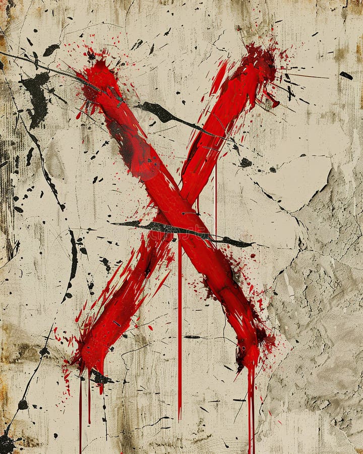 Letter X Drawing in Ink with Dripping Paint on a Grunge Scratched and ...