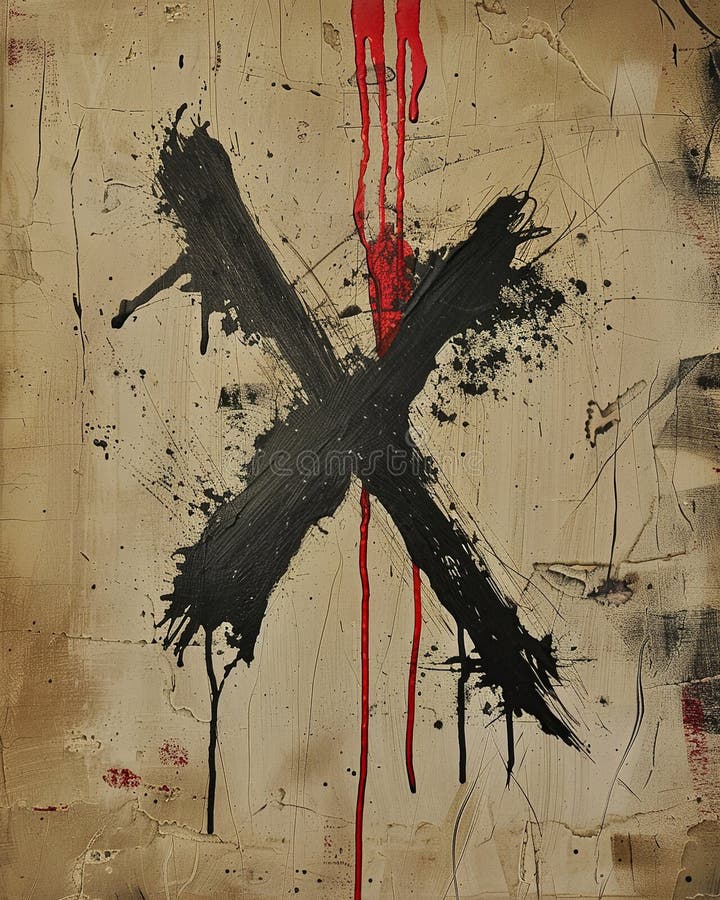 Letter X Drawing in Ink with Dripping Paint on a Grunge Scratched and ...
