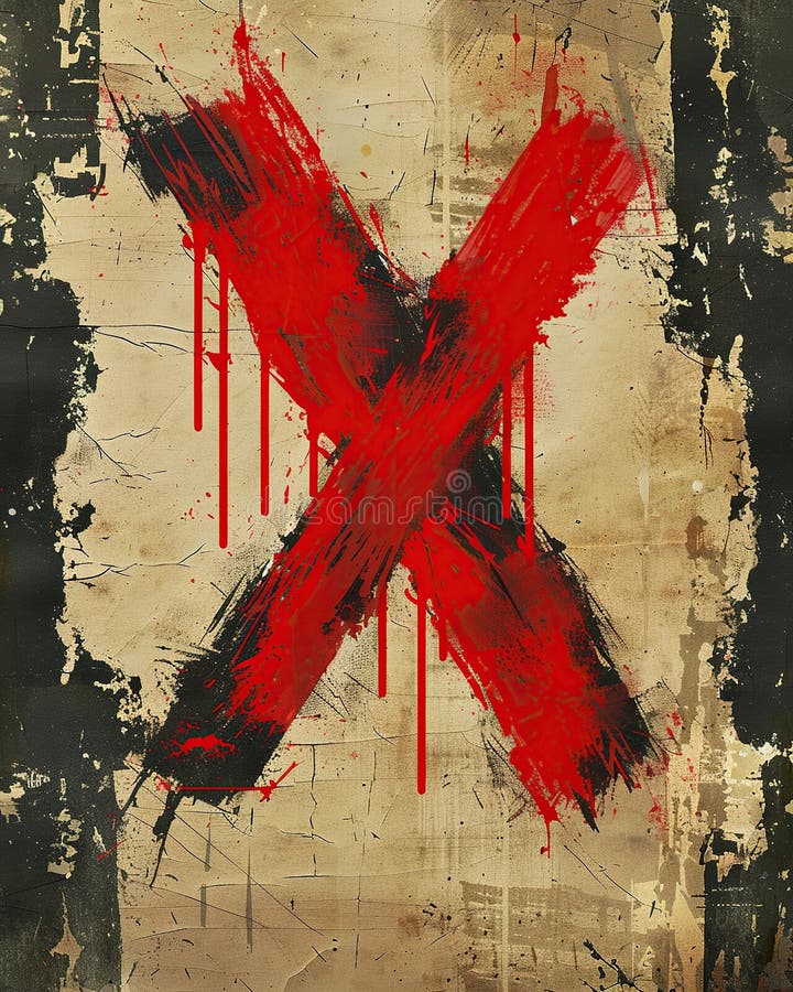Letter X Drawing in Ink with Dripping Paint on a Grunge Scratched and ...