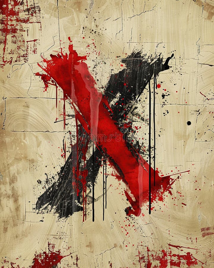 Letter X Drawing in Ink with Dripping Paint on a Grunge Scratched and ...