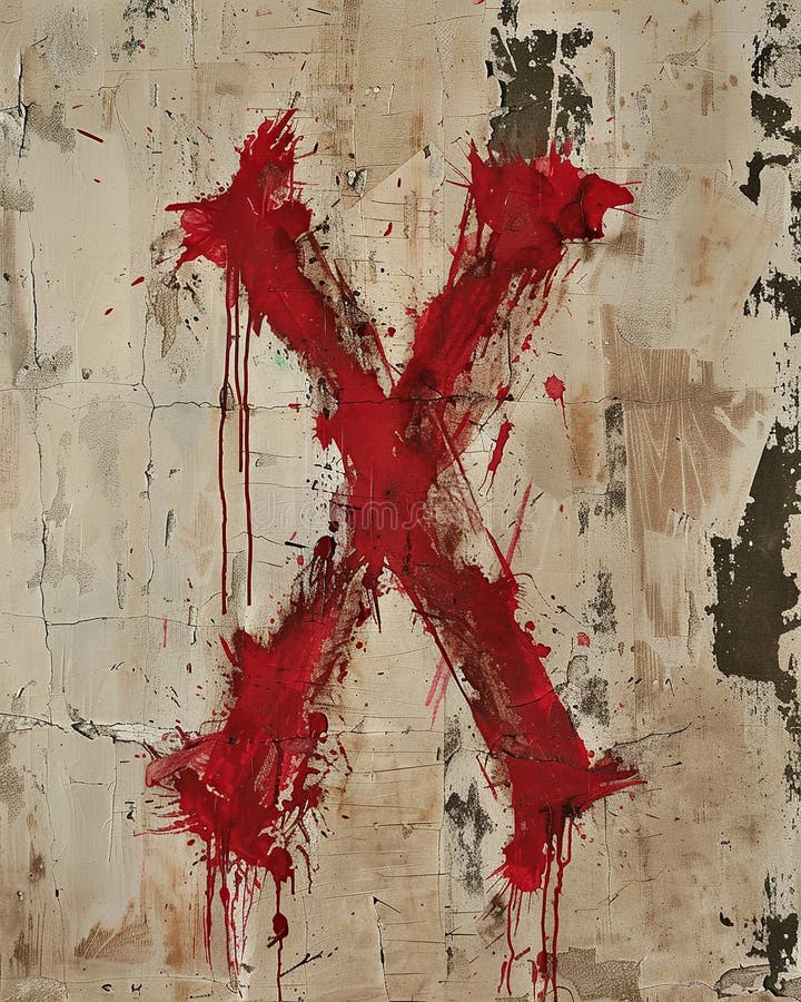 Letter X Drawing in Ink with Dripping Paint on a Grunge Scratched and ...