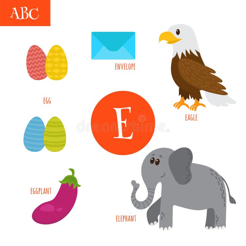 Letter E. Cartoon Alphabet for Children. Egg, Eggplant, Elephant Stock ...