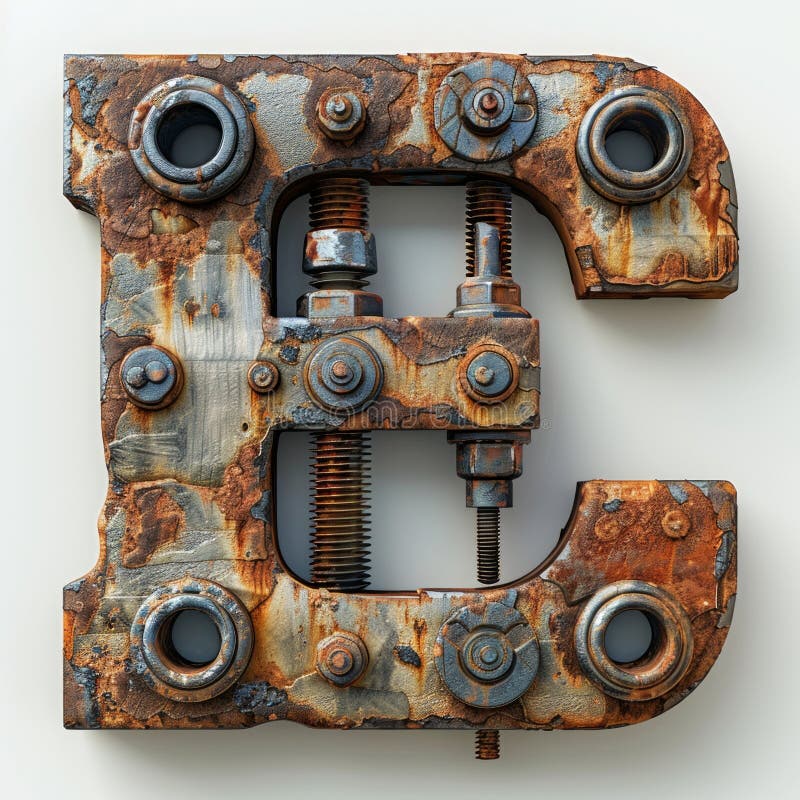 Letter E Constructed from Rusty Metal and Screws, Creating a Unique and ...