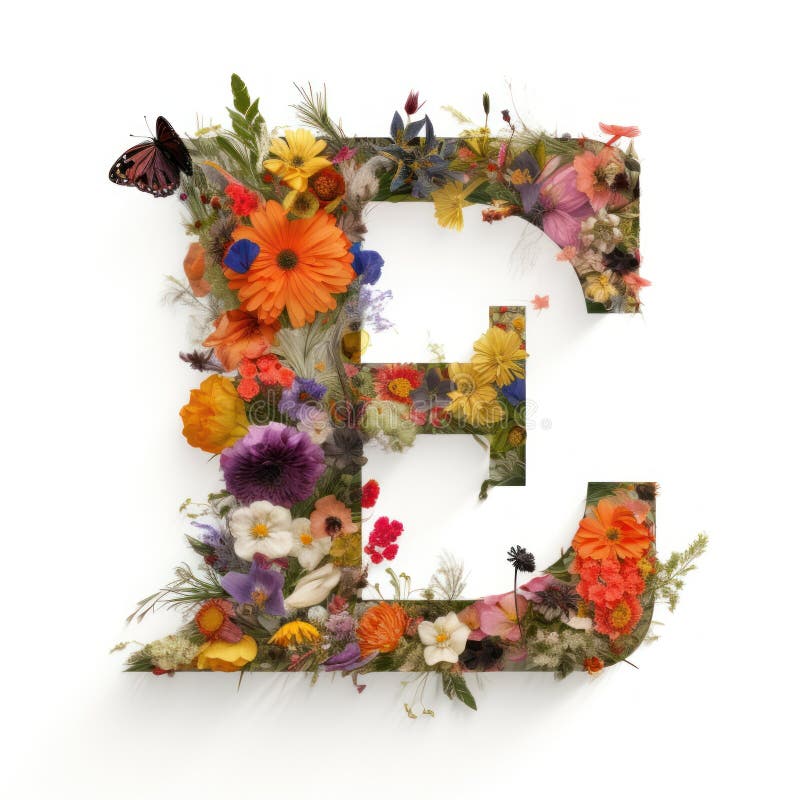 Letter E Made of Flowers and Butterflies Isolated on White Stock ...