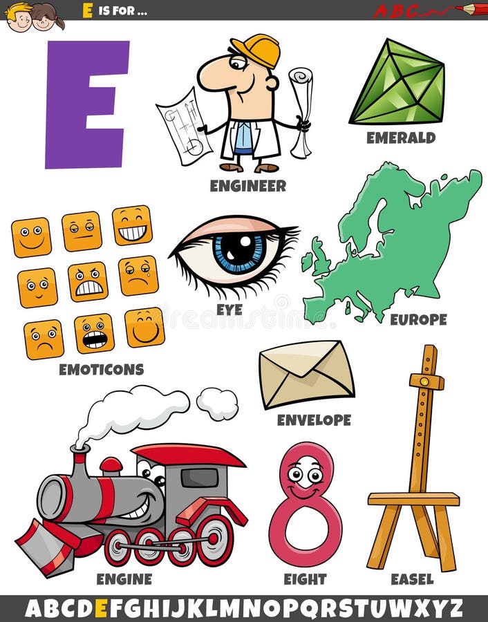 Letter E Set with Cartoon Objects and Characters Stock Illustration ...