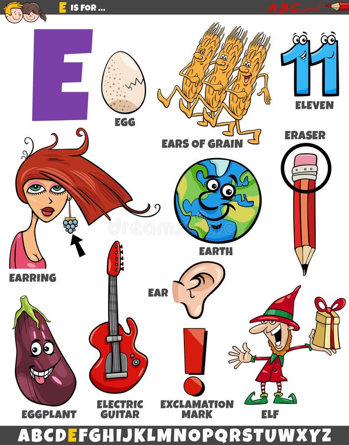 Letter E Set with Cartoon Objects and Characters Stock Illustration ...