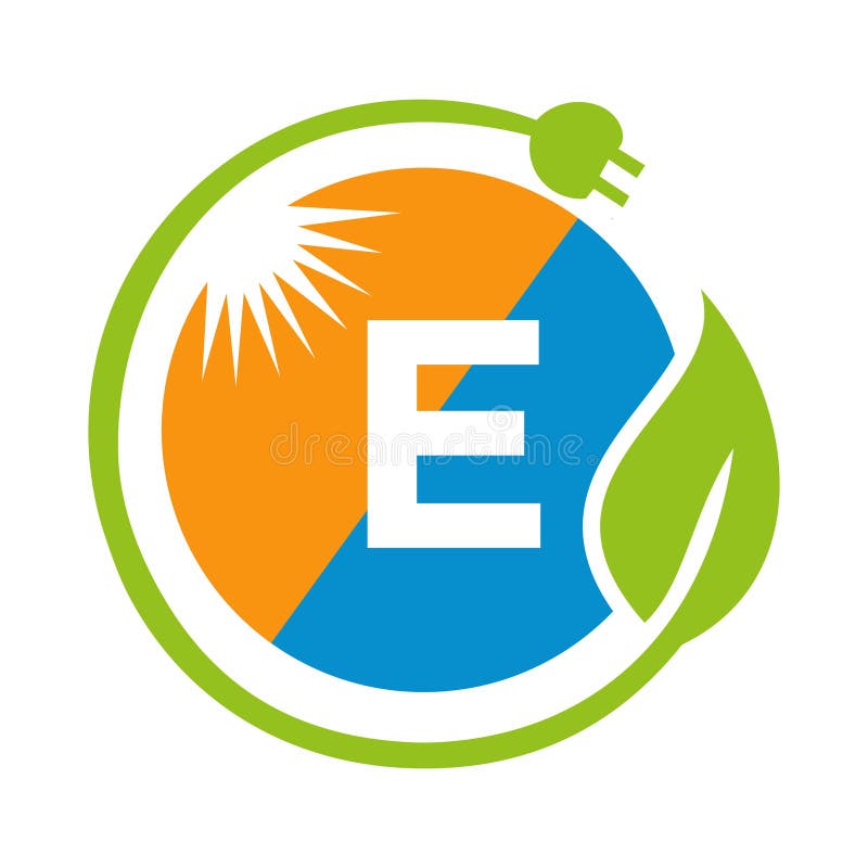Letter E Solar Energy Logo Design Concept with Sun, Leaf and Electric ...