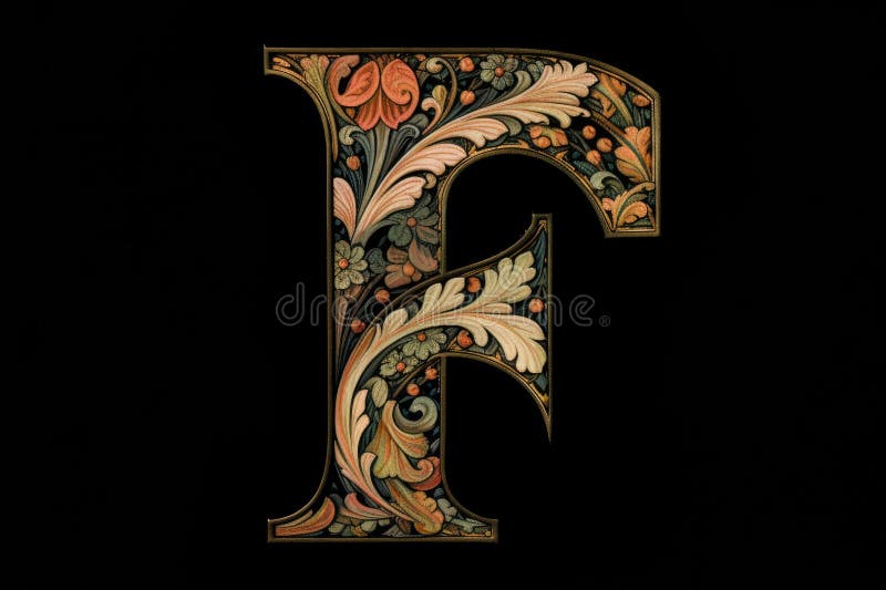 Letter F, Medieval Manuscript Style, on Black Background Stock ...