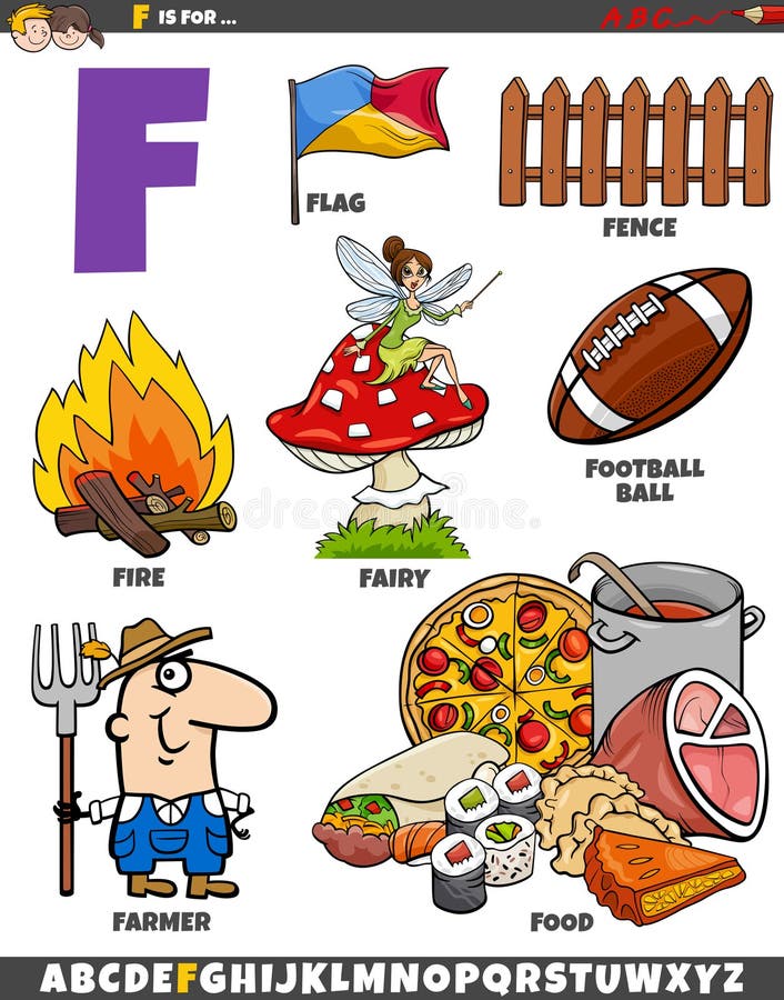 Letter F Set with Cartoon Objects and Characters Stock Illustration ...