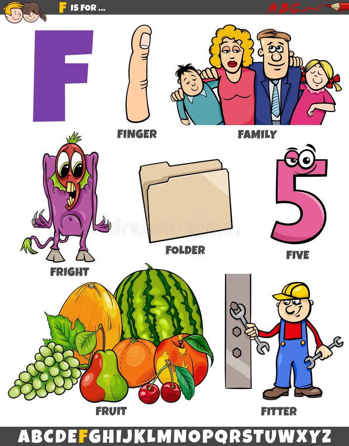 Letter F Set with Cartoon Objects and Characters Stock Illustration ...