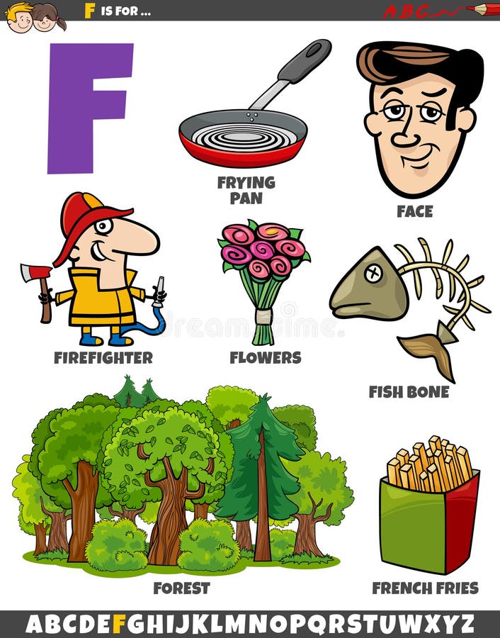 Letter F Set with Cartoon Objects and Characters Stock Illustration ...