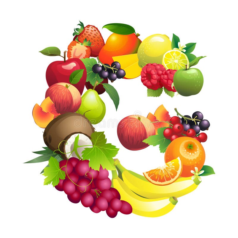 Letter G Composed of Different Fruits with Leaves Stock Illustration ...