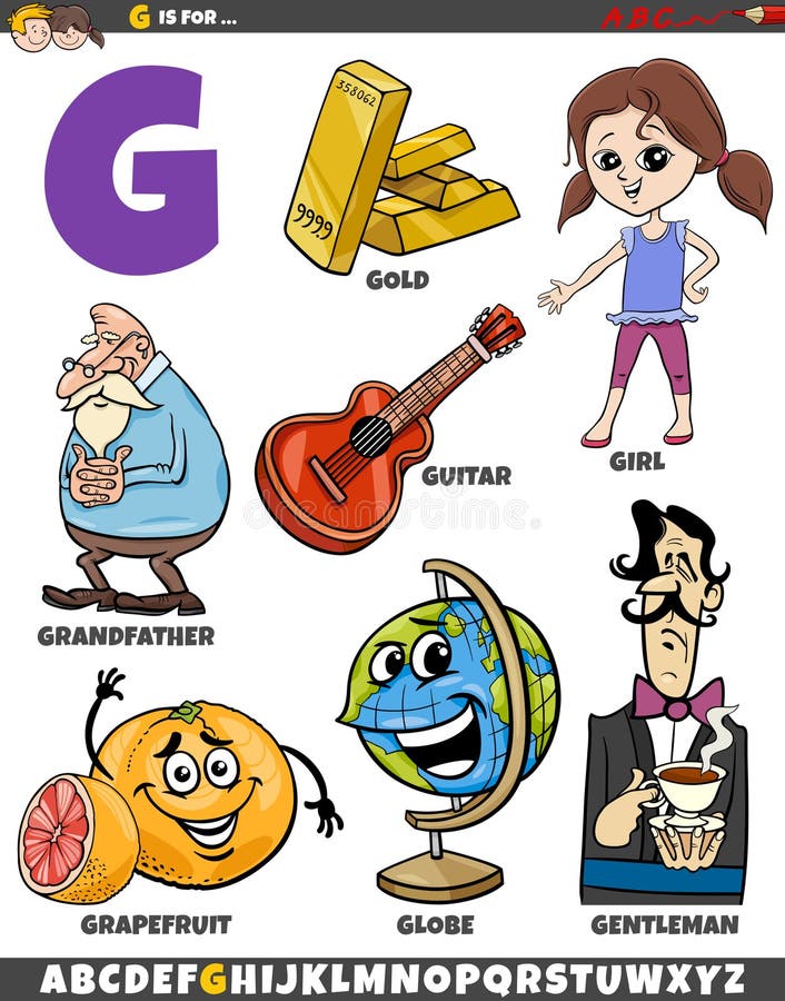Letter G Set with Cartoon Objects and Characters Stock Vector ...
