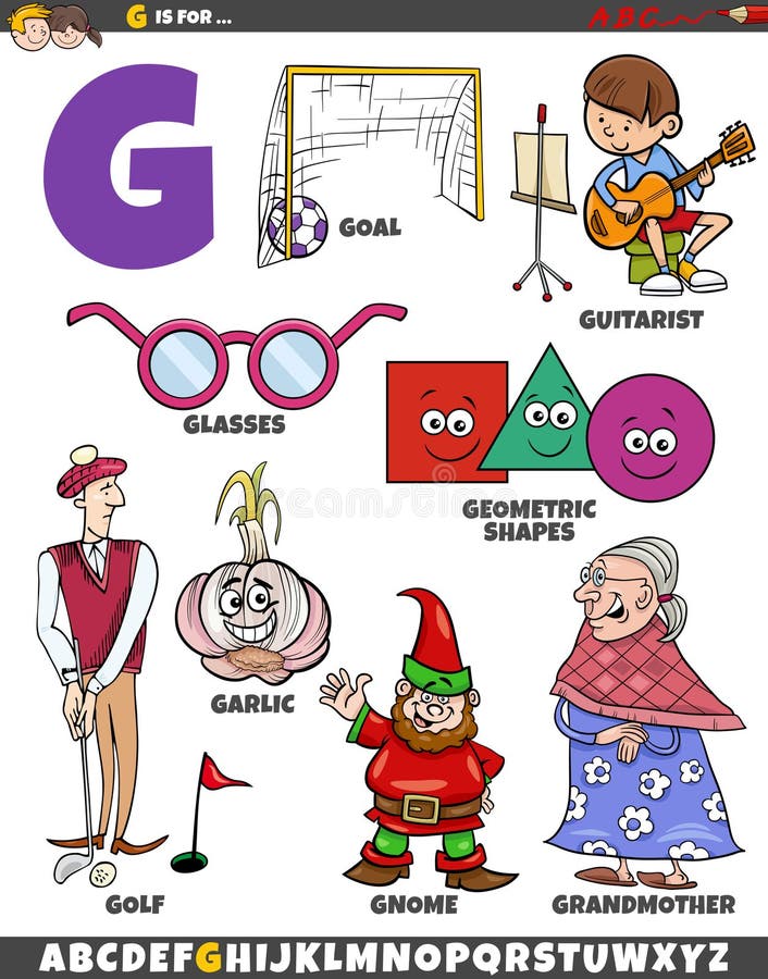 Letter G Set with Cartoon Objects and Characters Stock Vector ...