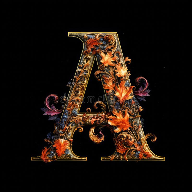 A Letter a with Gold Leaves and Flowers on a Black Background Stock ...