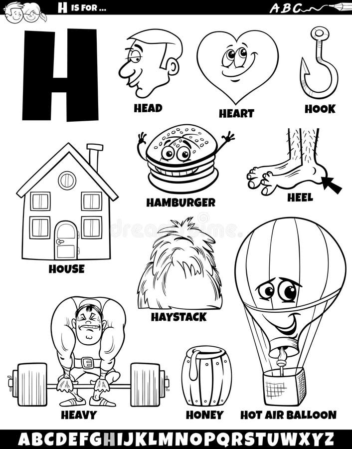Letter H Set with Cartoon Objects and Characters Coloring Page Stock ...