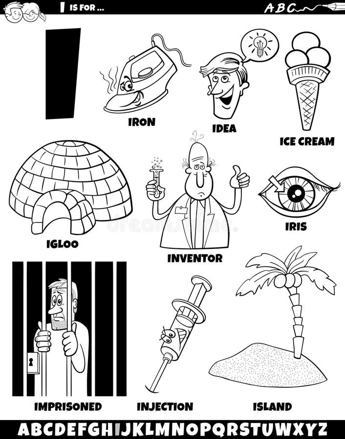 Letter I Set with Cartoon Objects and Characters Coloring Page Stock ...