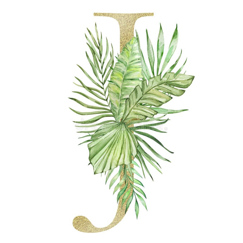 Letter J Decorated with Watercolor Tropical Leaves Stock Illustration ...