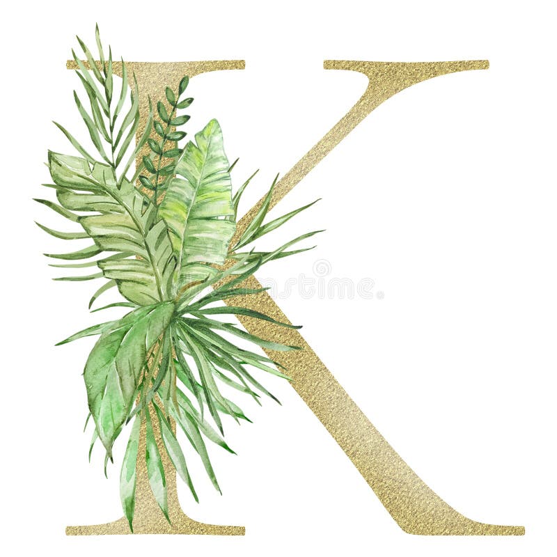 Letter K Decorated with Watercolor Tropical Leaves Stock Illustration ...