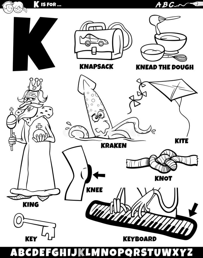 Letter K Set with Cartoon Objects and Characters Coloring Page Stock ...