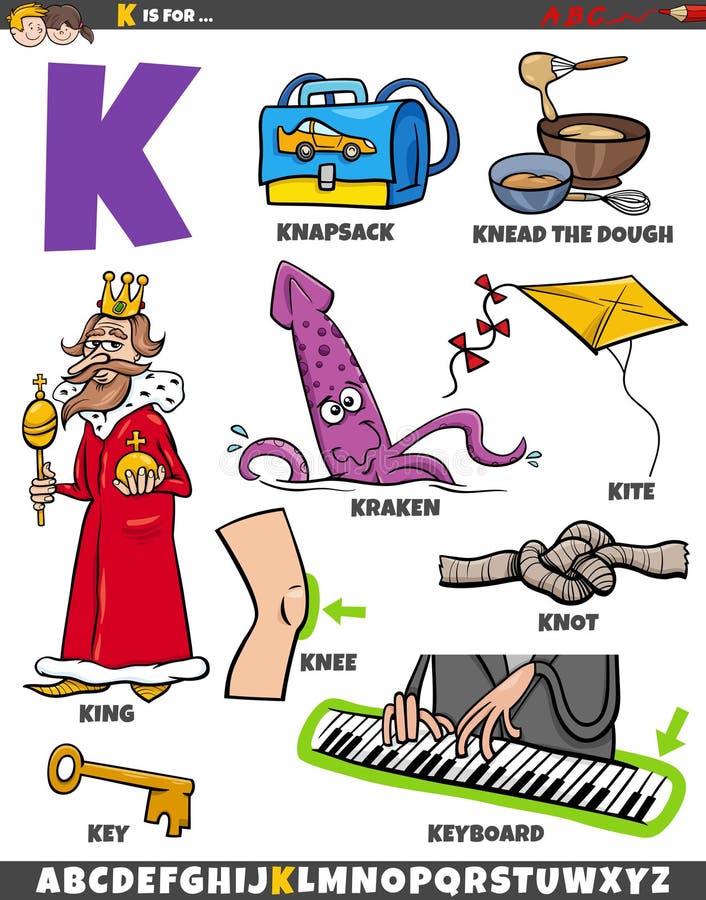 Letter K Set with Cartoon Objects and Characters Stock Vector ...