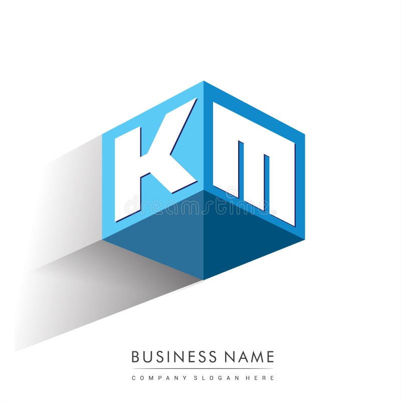 Letter KM Logo in Hexagon Shape and Blue Background, Cube Logo with ...
