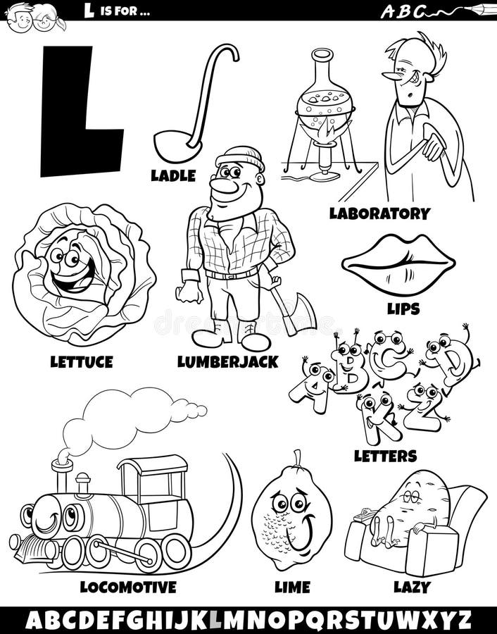 Letter L Set with Cartoon Objects and Characters Coloring Page Stock ...