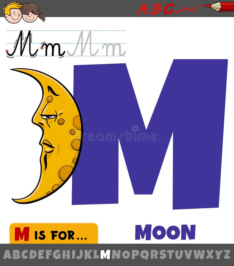 Letter M from Alphabet with Cartoon Moon Character Stock Vector ...