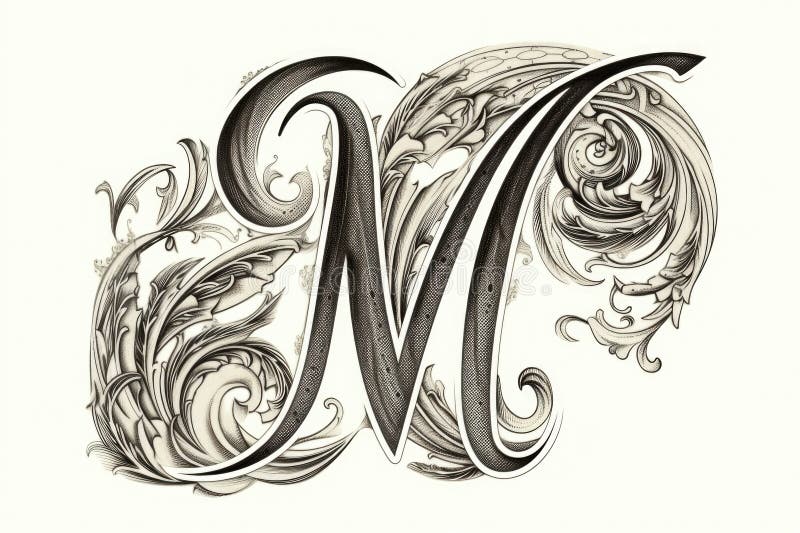Letter M, Calligraphic Style, on White Background Stock Illustration ...
