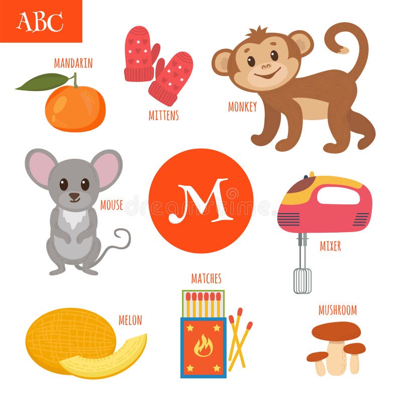 Letter M. Cartoon Alphabet for Children. Monkey, Mouse, Mushroom Stock ...