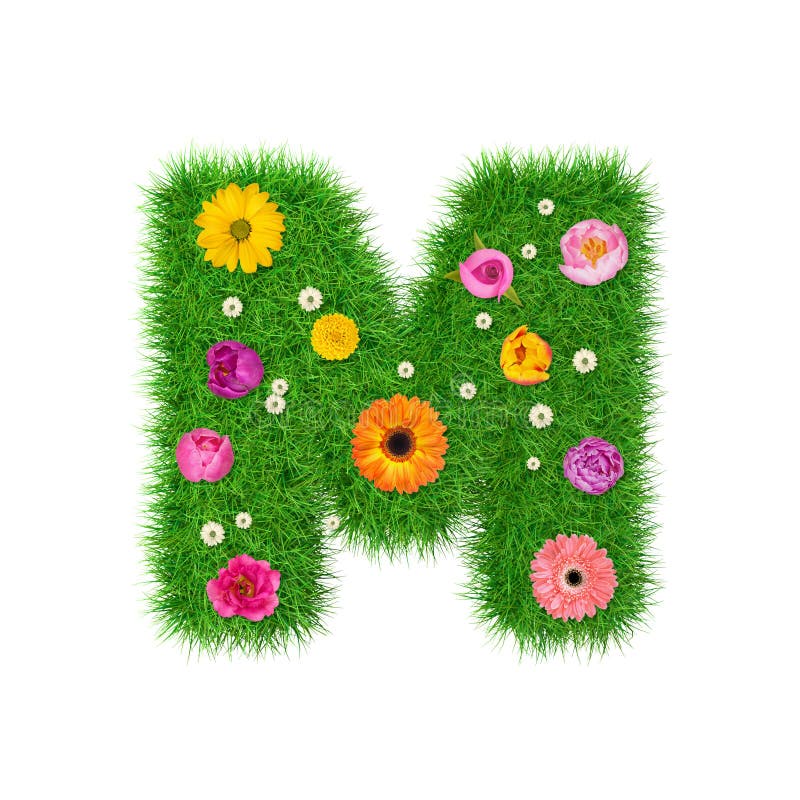 Letter M Made of Grass and Colorful Flowers, Spring Concept for Graphic ...