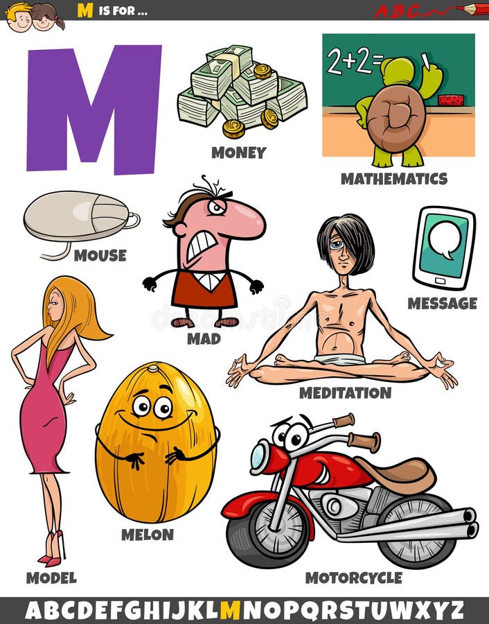 Letter M Set with Cartoon Objects and Characters Stock Vector ...