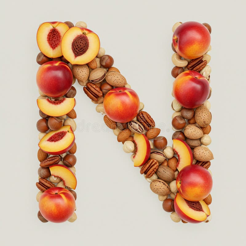 The Letter "N" is Creatively Shaped Using a Variety of Nuts and Peaches ...