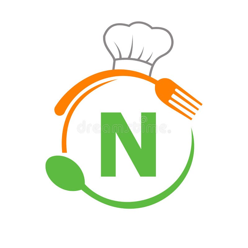 Letter N Logo with Chef Hat, Spoon and Fork for Restaurant Logo ...