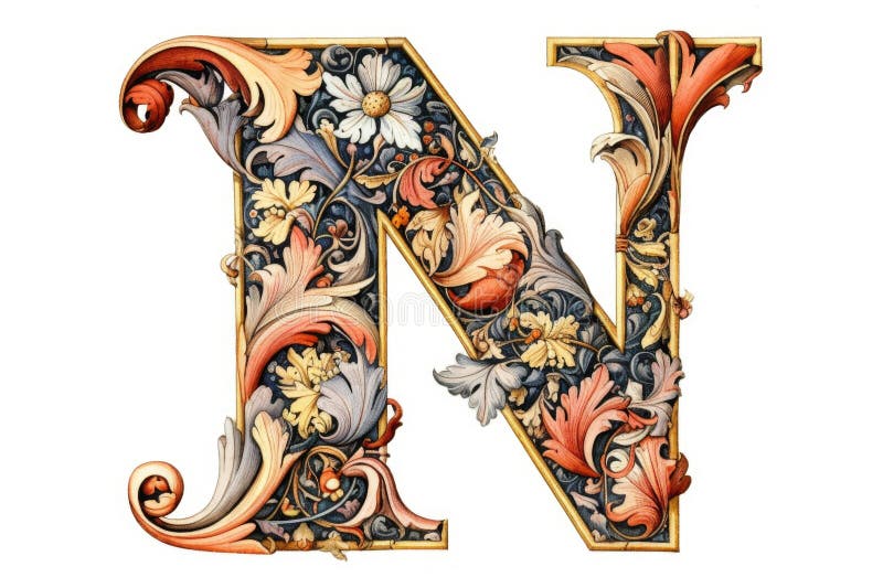 Letter N, Medieval Manuscript Style, on White Background Stock ...