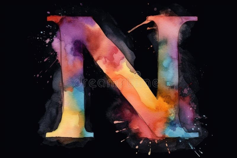 Letter N, Watercolor Style, on Black Background Stock Illustration ...