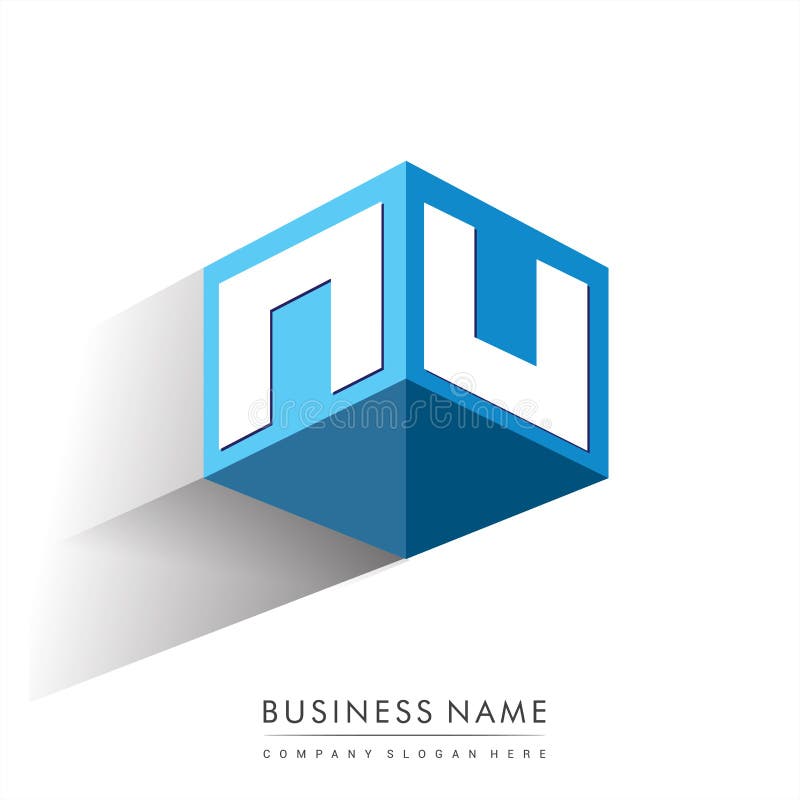 Letter NU Logo in Hexagon Shape and Blue Background, Cube Logo with ...